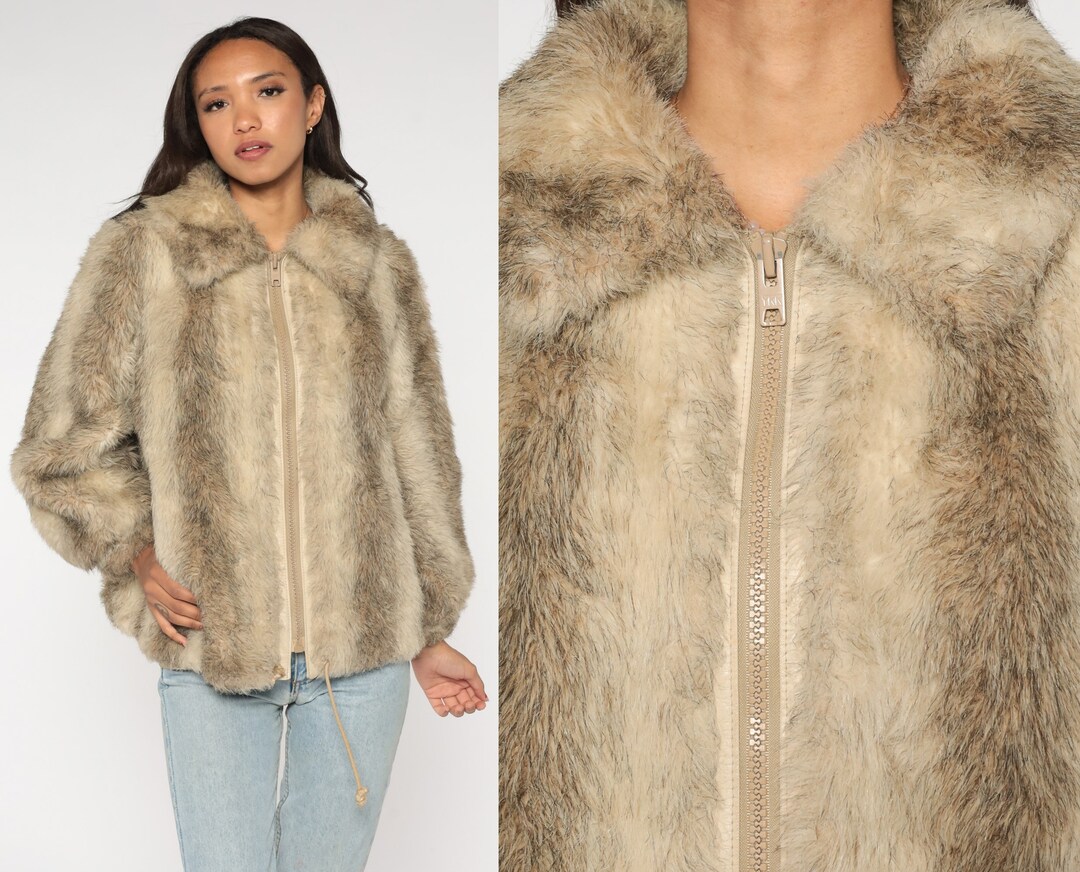 Striped Faux Fur Coat Taupe Cream Fake Fur Jacket Vegan Vintage 70s 80s ...