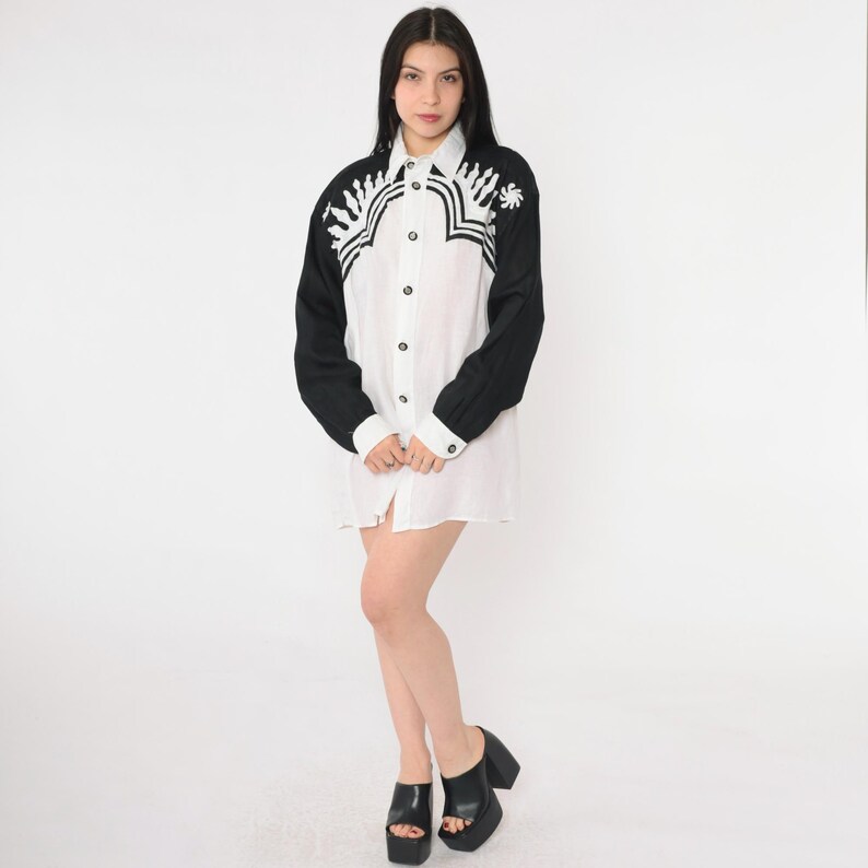 Vintage Byblos Shirt 90s Black White Linen Button up Crest Embroidered ...