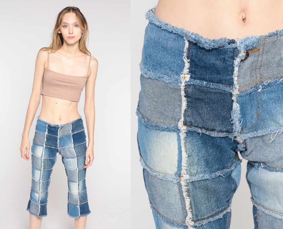 Y2K Patchwork Jeans Capri Jeans Cropped Low Rise Waist 00s - Etsy