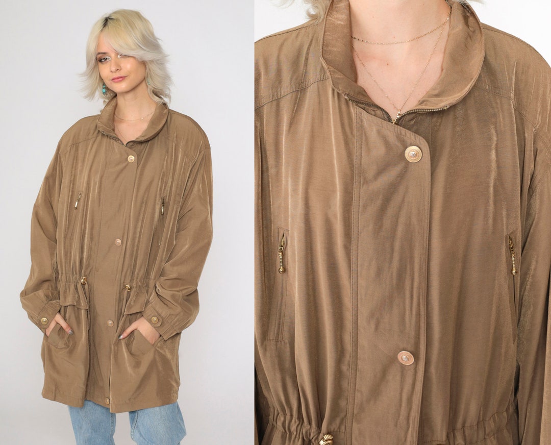 90s Plus Size Brown Windbreaker Jacket Drawstring Waist Cinched ...