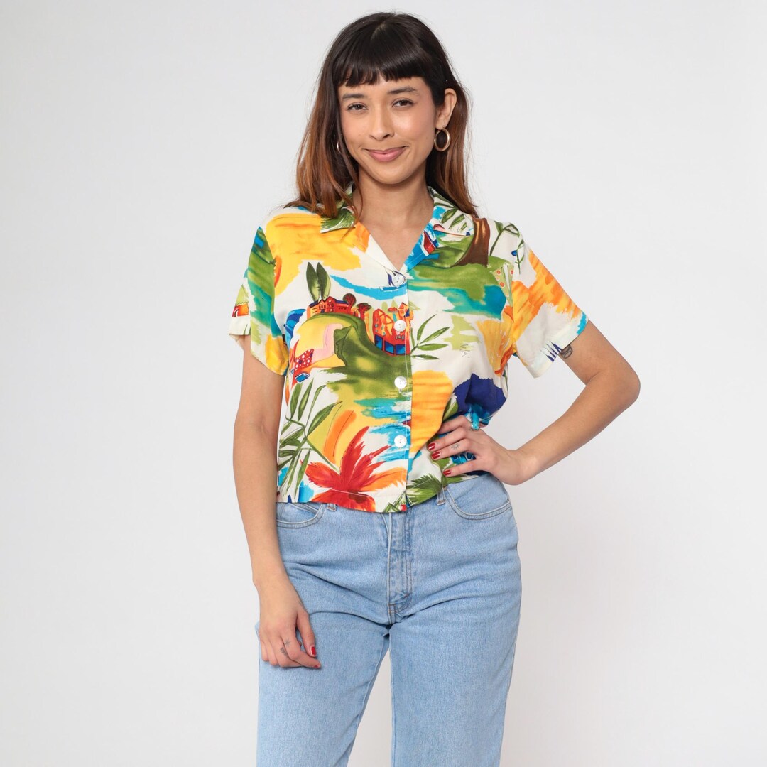 Beach Scene Tropical Shirt 90s Palm Tree Vacation Cotton Blouse ...