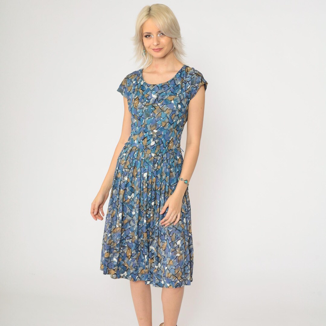 60s Day Dress Blue Abstract Mosaic Print Dress Geometric High Waisted ...