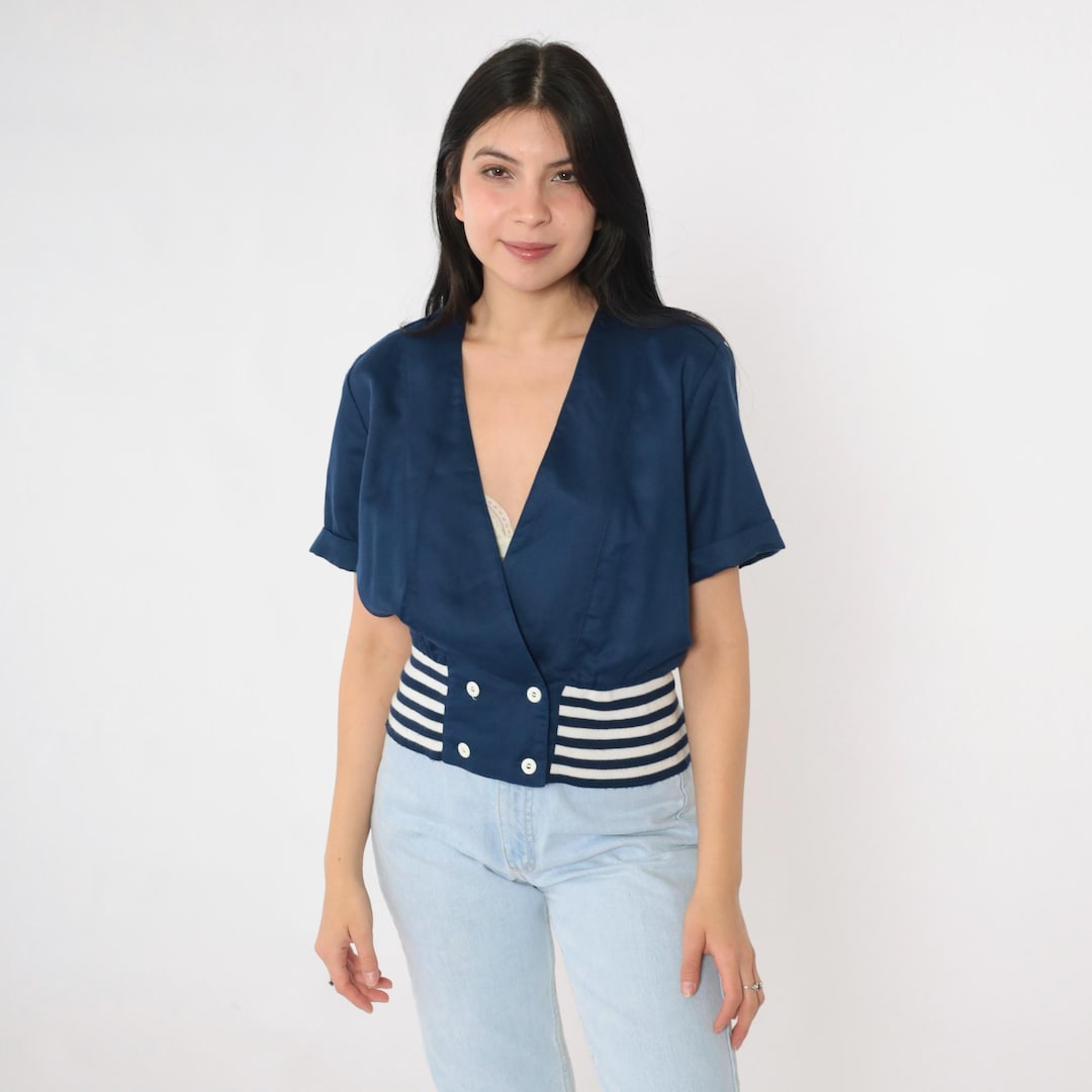 80s Nautical Top Blue Double Breasted Striped Shirt Deep V Neck Vintage ...