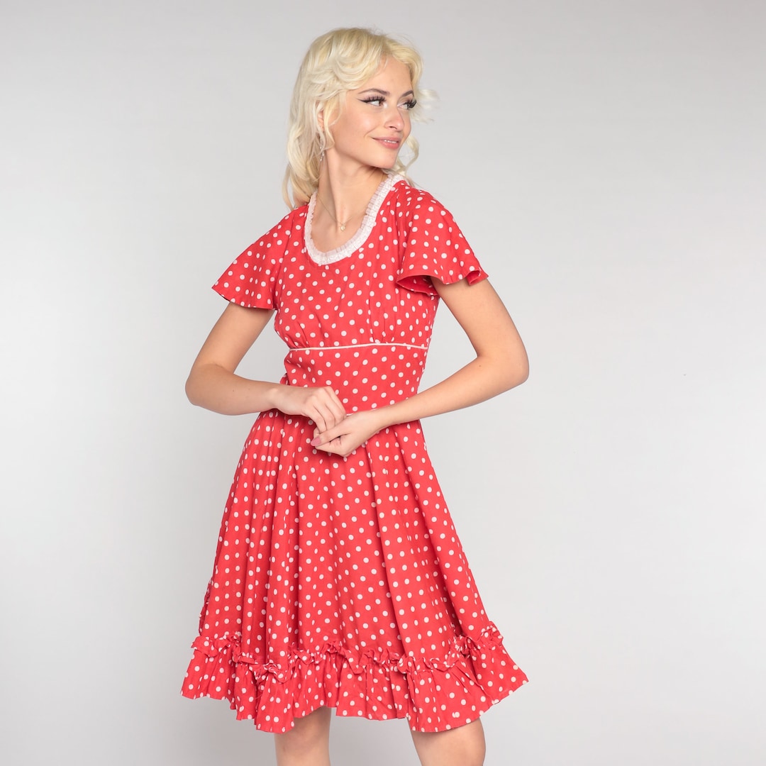 70s Mini Dress 60s Red Polka Dot Dress Full Skirt Flutter Sleeve Square ...