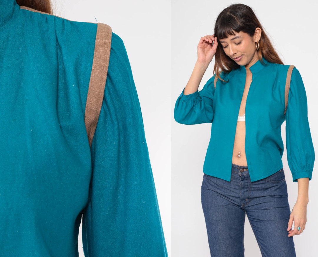 80s Teal Raw Silk Jacket Blue Open Front Puff Sleeve Silk Noil Vintage ...
