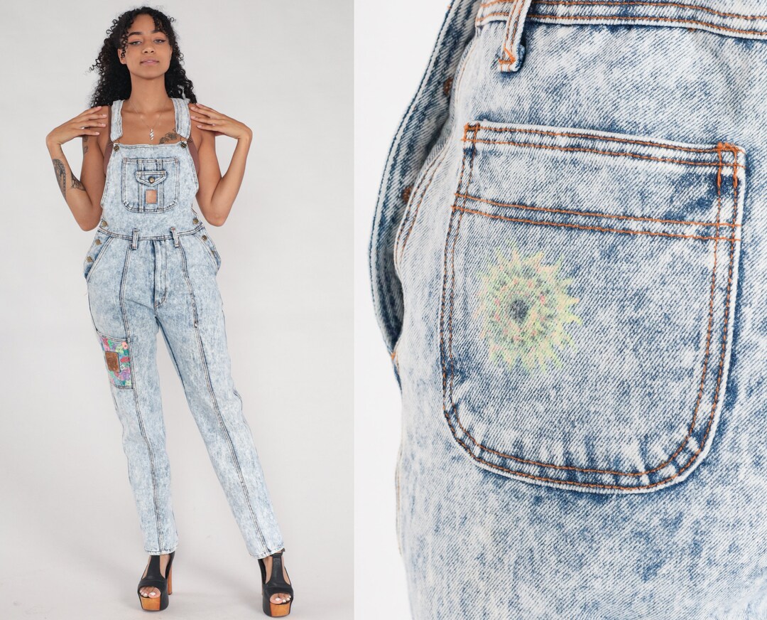 Acid Wash Denim Overalls 90s Painted Denim Bib Overalls - Etsy