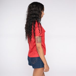 Red Ruffle Blouse 70s 80s Boho Top Ruffle Collar Shirt Square Print ...