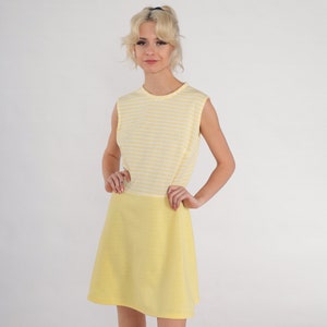 Yellow Striped Dress 70s Mod Mini Dress Sleeveless Shift Dress Retro ...