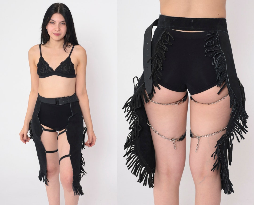 Black Suede Chaps 90s Fringe Leather Pants Assless Chaps Cowboy Rodeo Concho Capri Strap Club ...