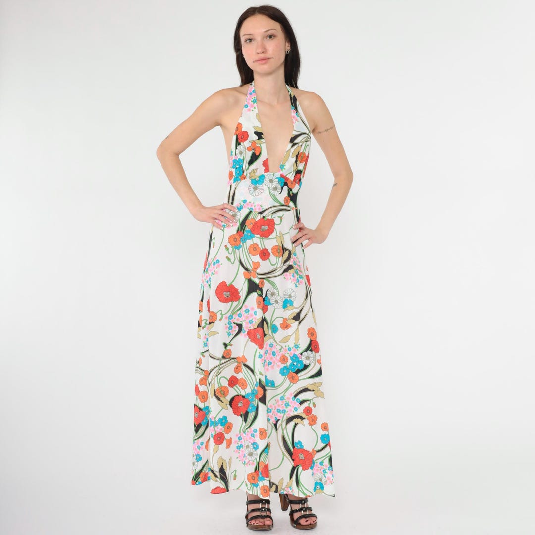 70s Floral Slip Dress Lingerie Maxi Halter Neck Nightgown Plunging Deep ...