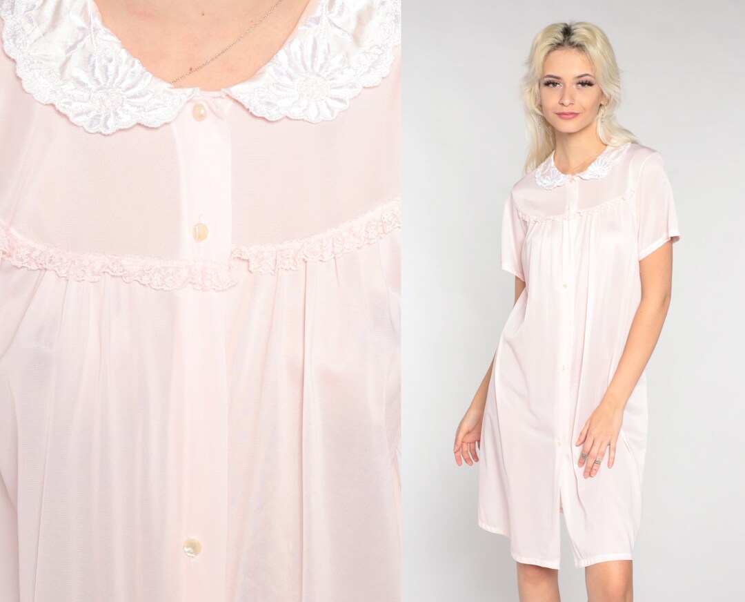 Pink Nightgown 80s Pajama Dress Floral Embroidered Collared Lace Trim ...