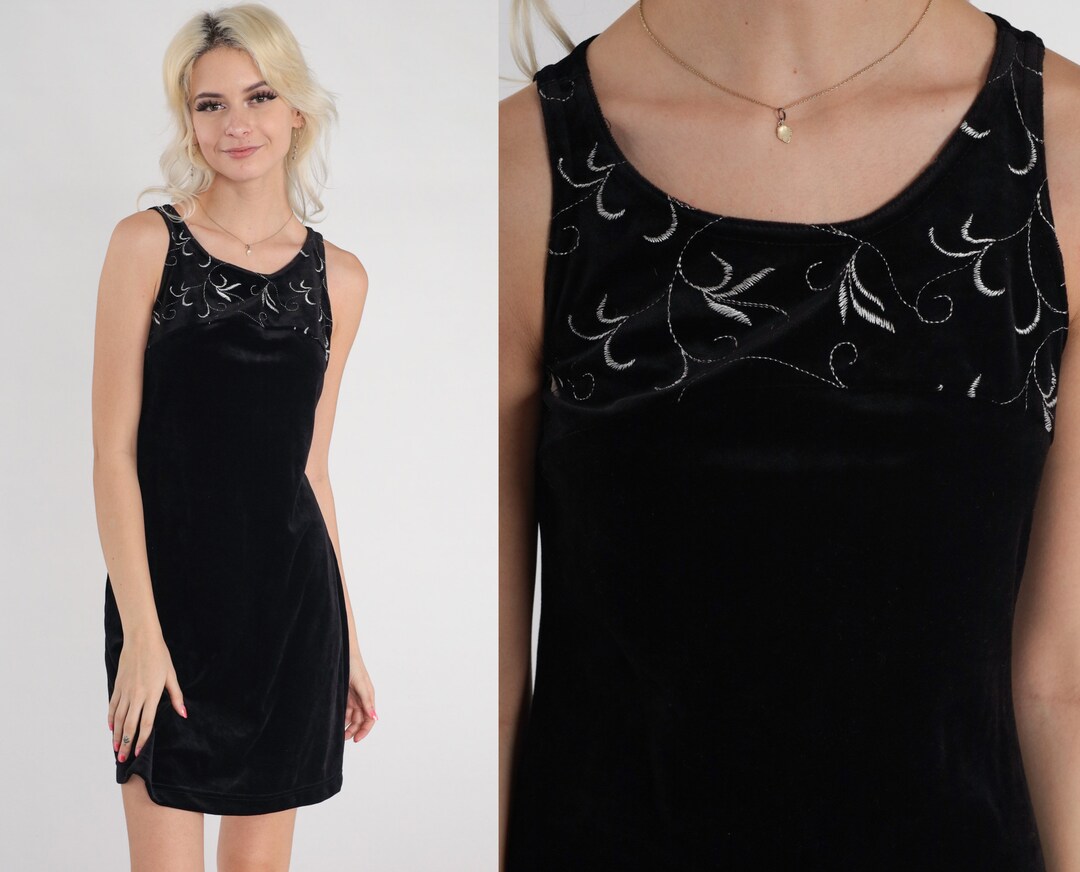 Black Velour Dress 90s Mini Dress Retro Sleeveless Shift Party Dress ...
