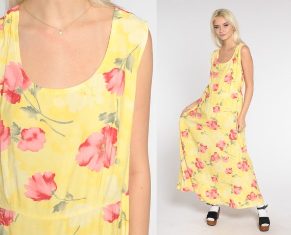 Poppy Print Dress 90s Yellow Floral Maxi Dress Boho Summer - Etsy