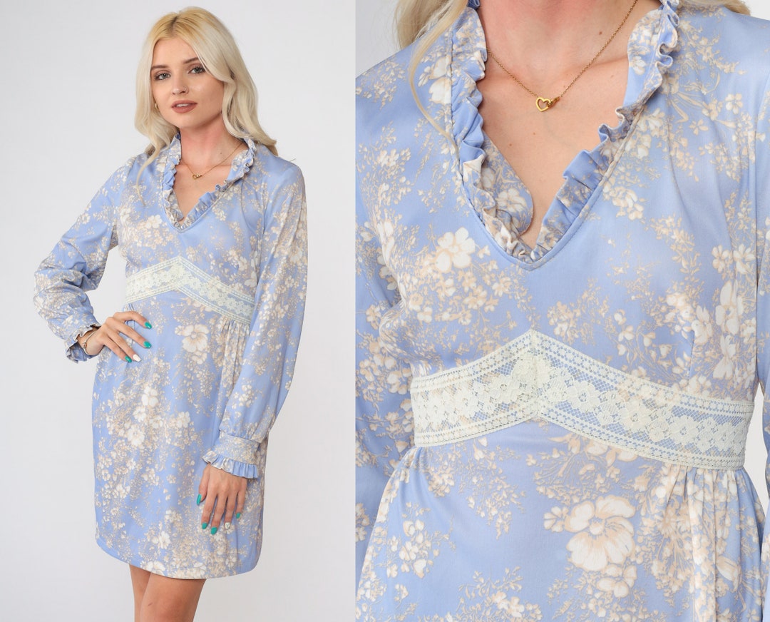 Floral Mini Dress 70s Babydoll Dress Periwinkle Blue Ruffle V Neck ...