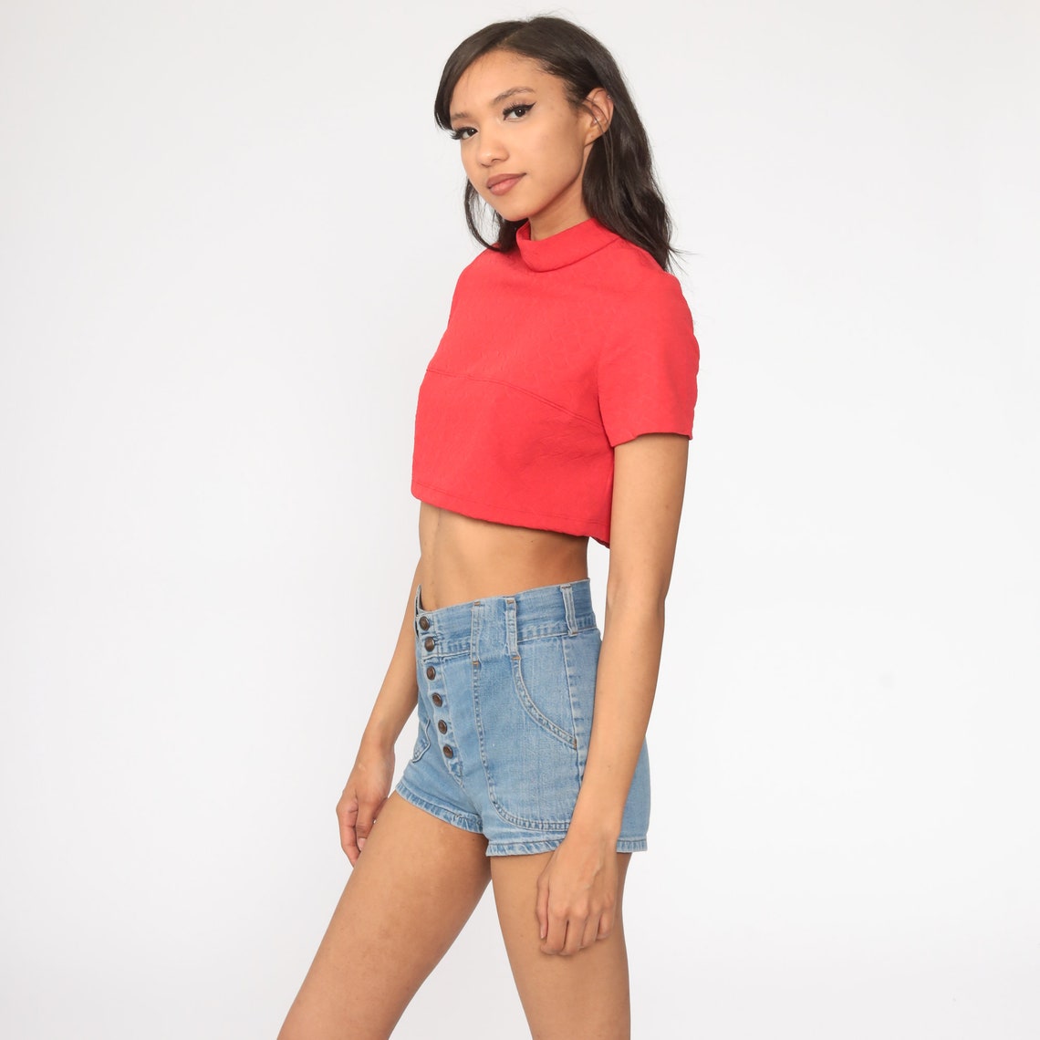 70s Crop Top Red Shirt Retro Mock Neck Shirt Mod 1970s Shirt - Etsy