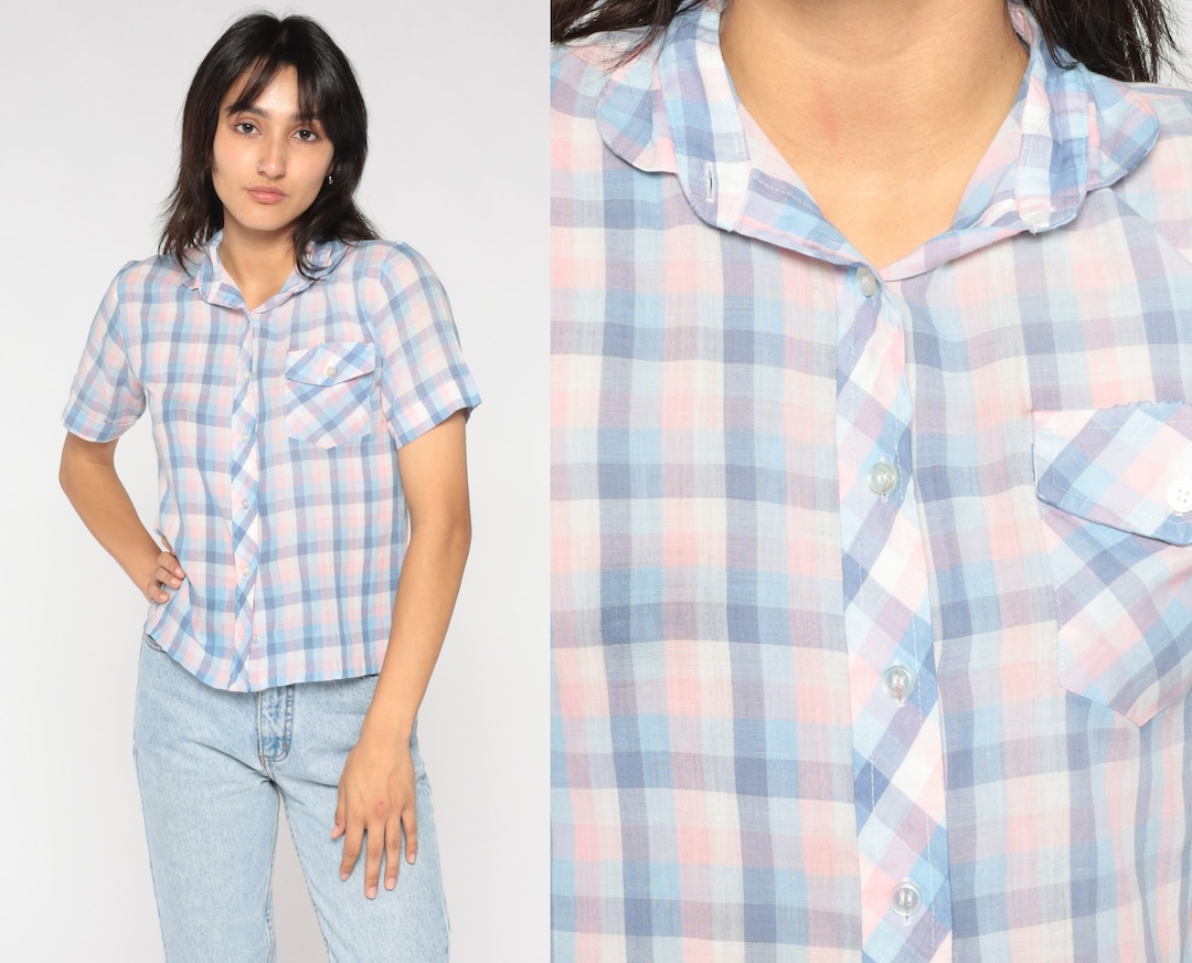 Pastel Plaid Blouse 80s Button up Shirt Short Sleeve Collared Top ...