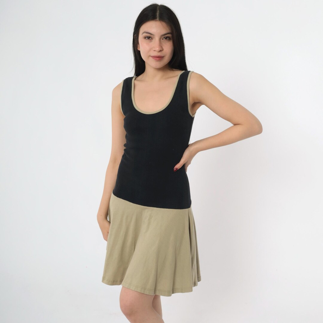 Vintage 80s Ringer Trim Tank Dress Black Khaki Two Tone Ribbed Knit ...