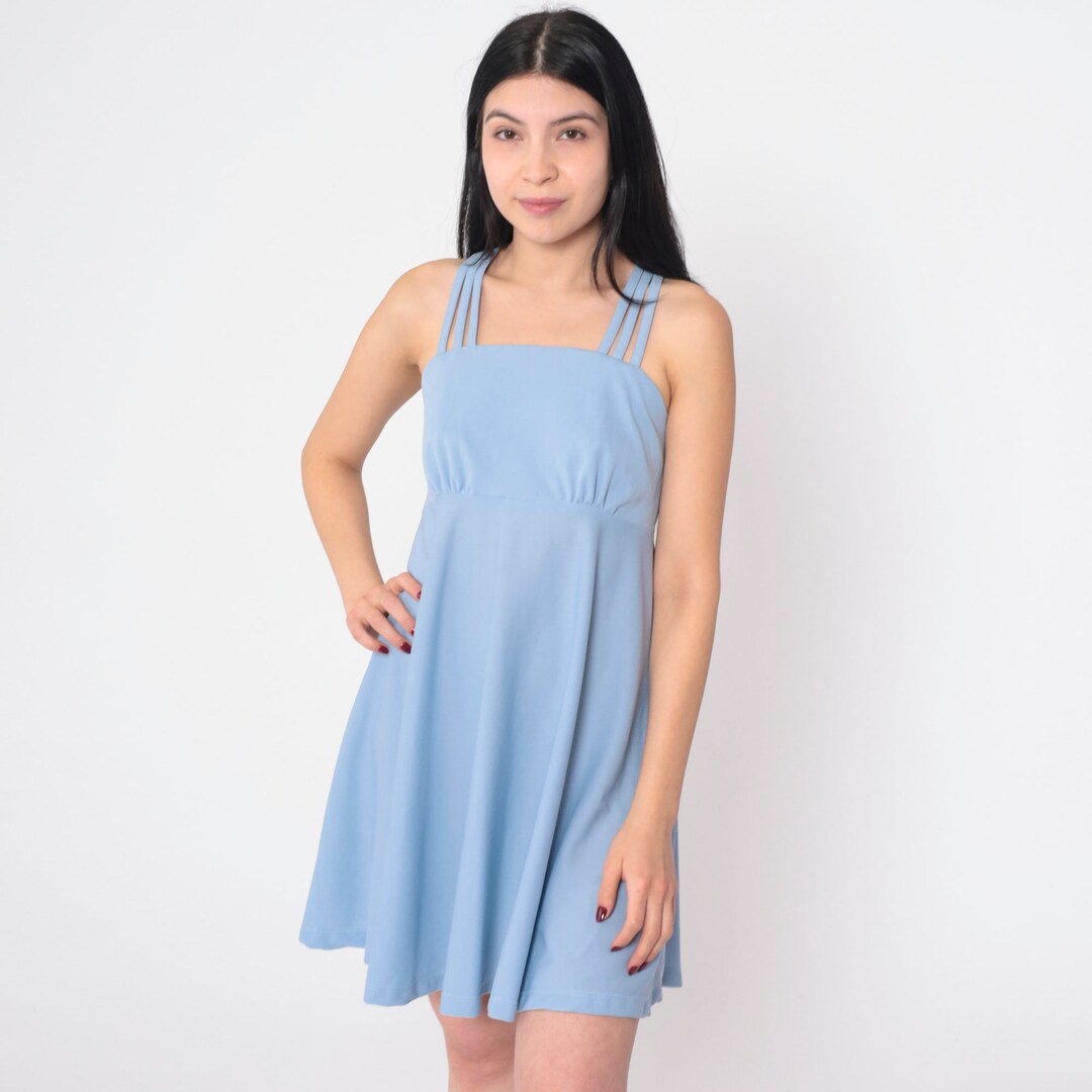 Powder Blue Mini Dress 70s Summer Babydoll Dress Strappy Criss Cross ...