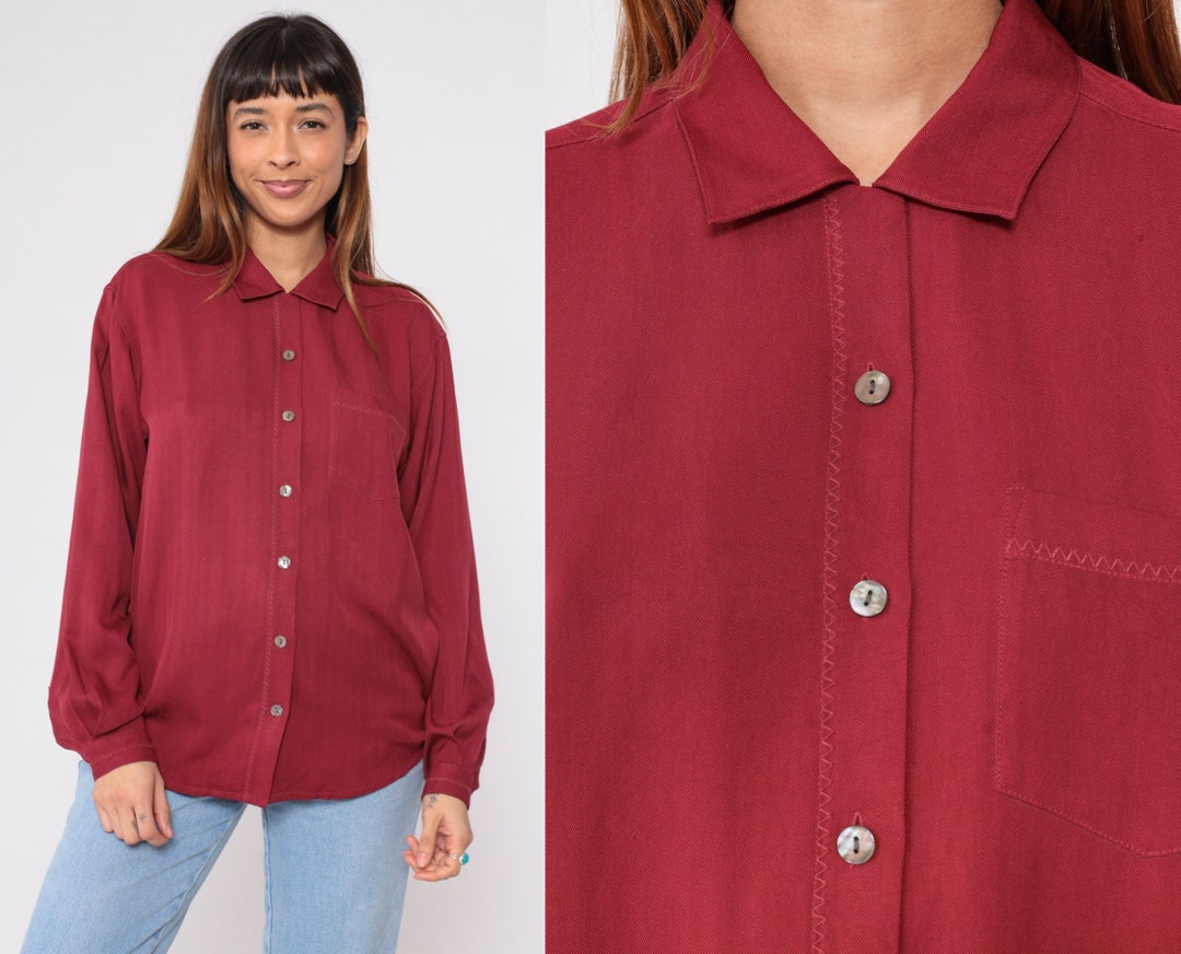 Maroon Silk Blouse Y2k Button up Shirt Retro Plain Simple Long Sleeve ...