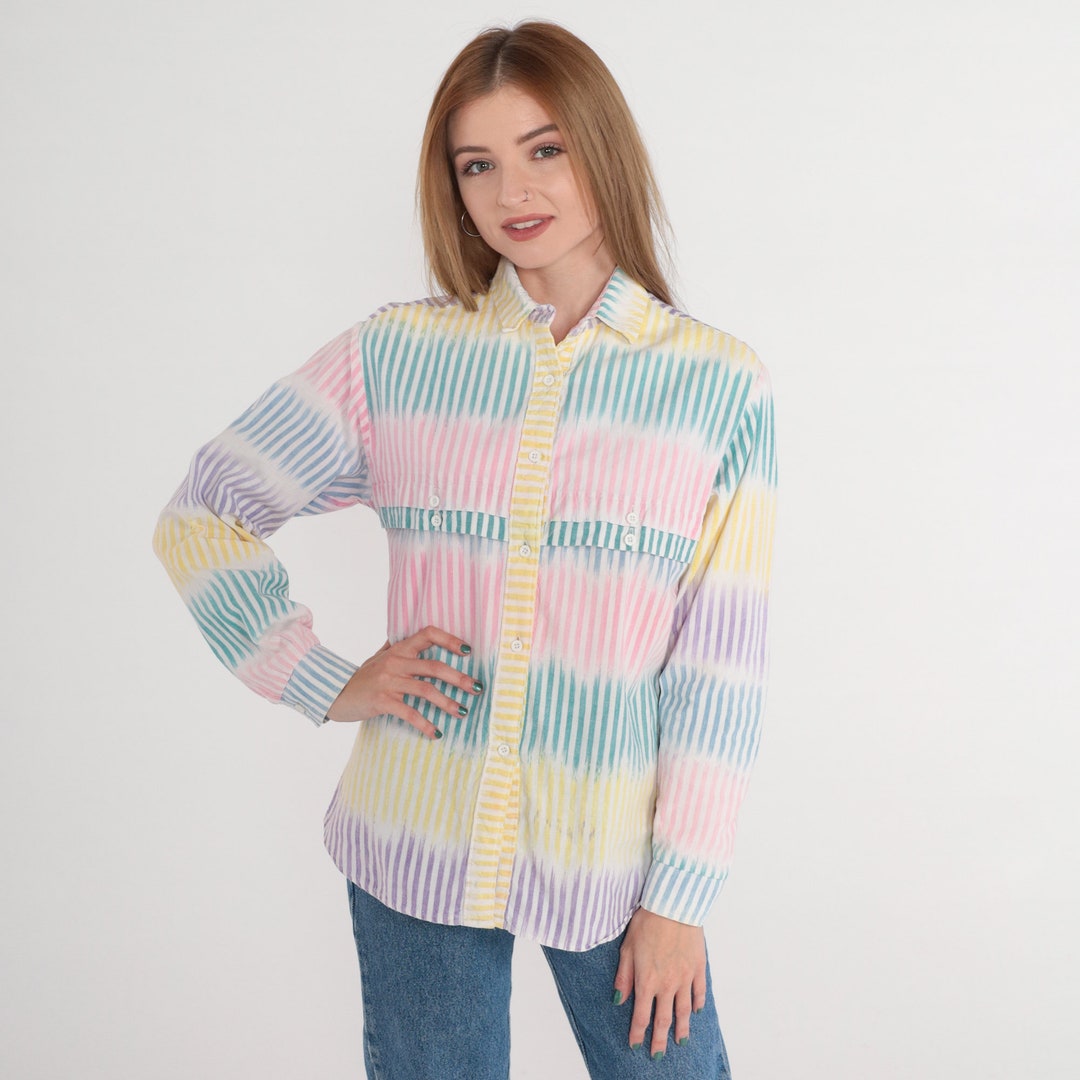 Striped Shirt 90s Button up Blouse White Pink Yellow Blue Green Purple ...