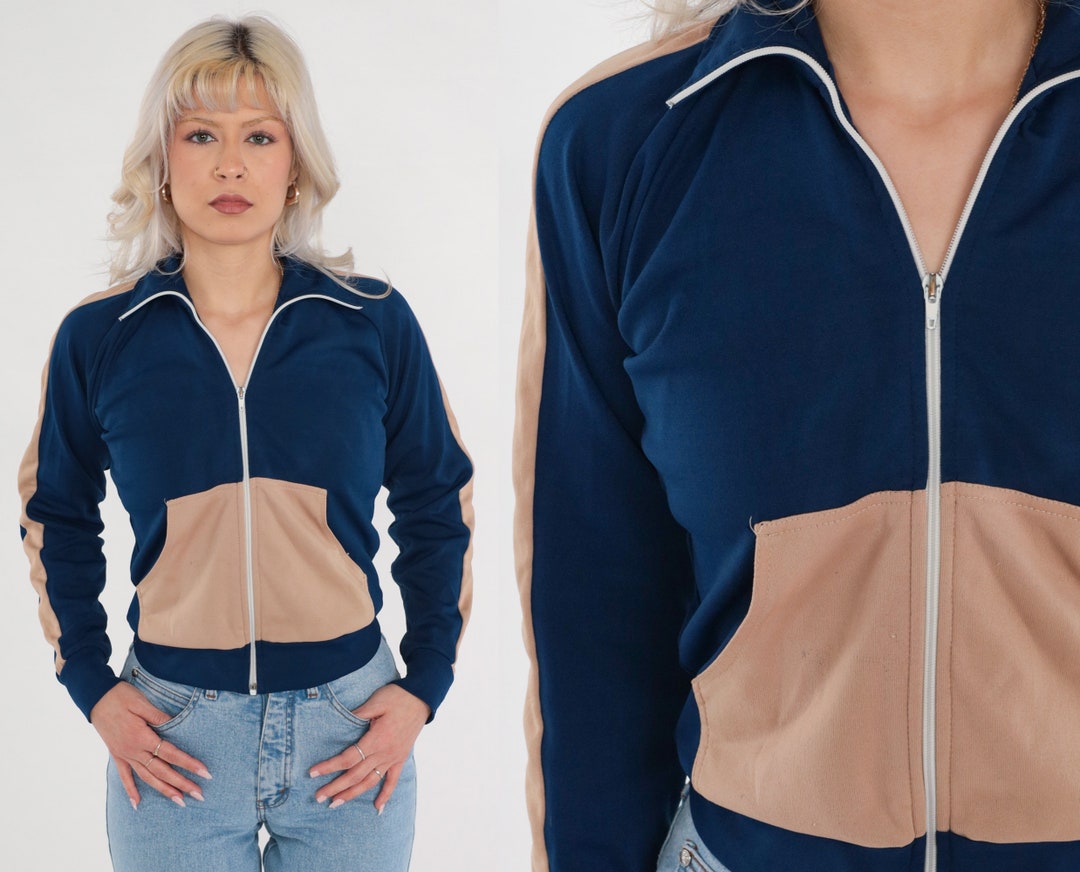 80s Track Jacket Navy Blue Zip up Sports Tan Color Block - Etsy