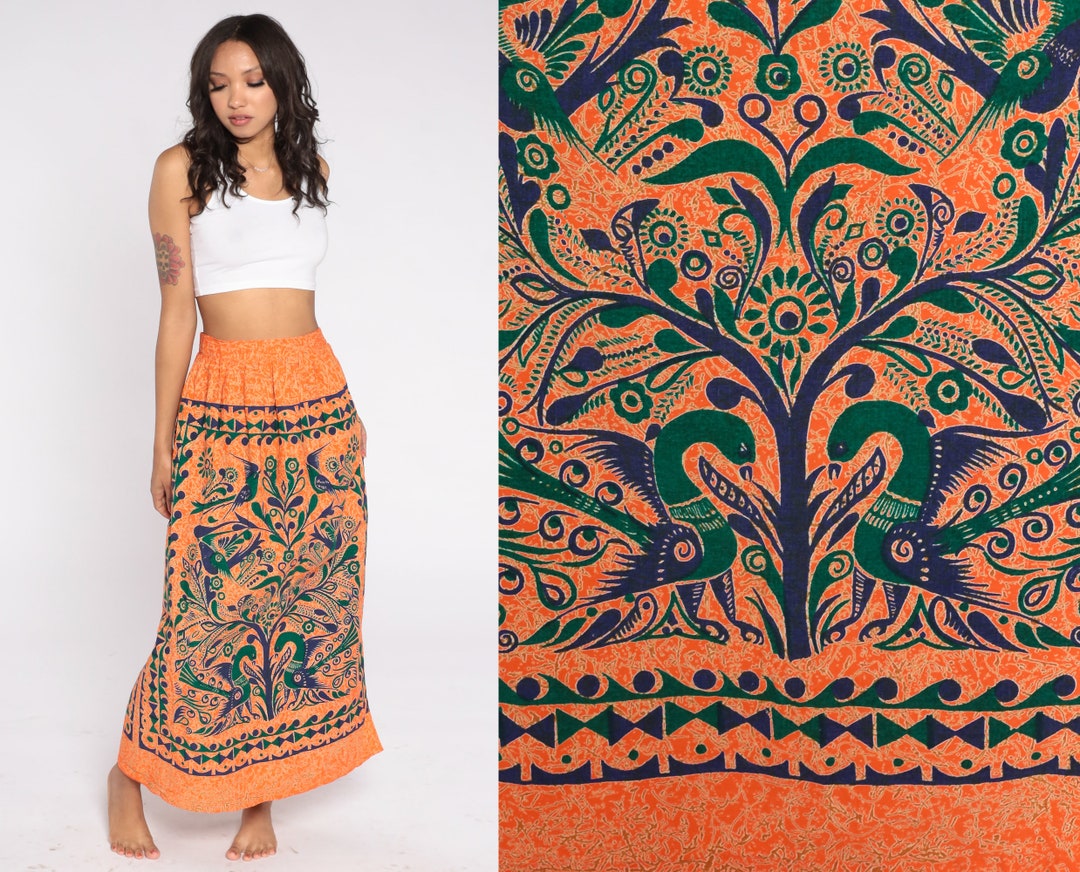 Tree of Life Skirt Y2K Boho Maxi Skirt Orange Floral Bird Print Long ...