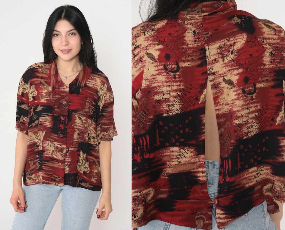 Abstract Blouse 90s Button up Shirt Red Scribble Flower Print Top ...
