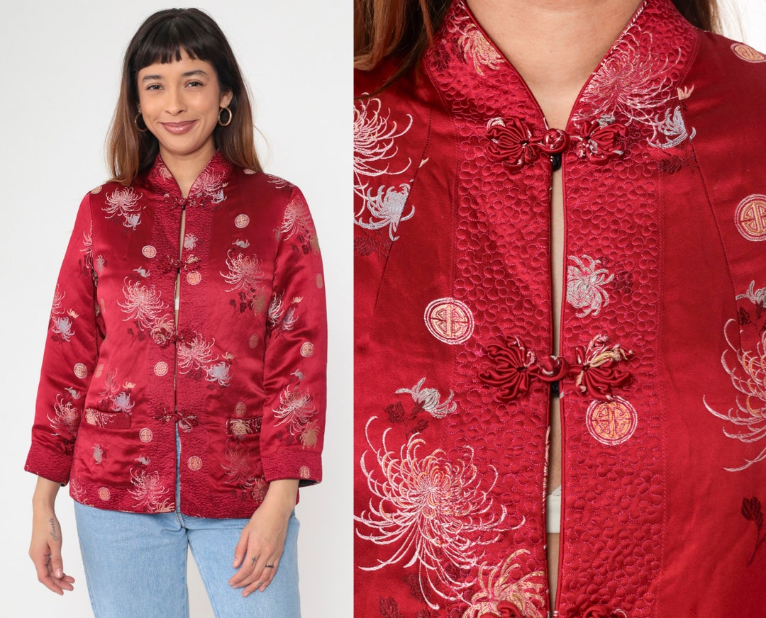 Reversible Asian Jacket Satin Floral Brocade Jacket Raspberry Red Black ...