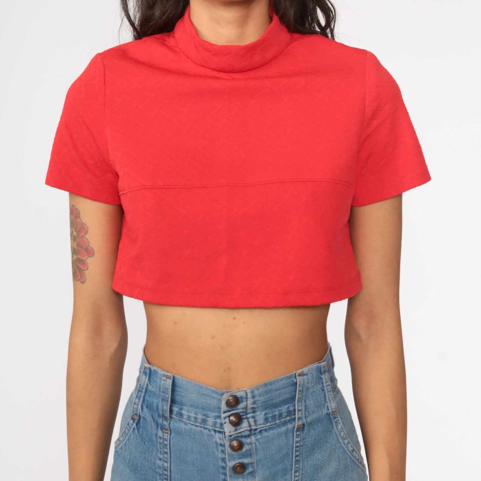 70s Crop Top Red Shirt Retro Mock Neck Shirt Mod 1970s Shirt Short ...