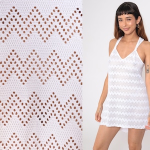 White Mesh Dress Y2K Sheer Zig Zag Cut Out Dress Micro Mini Racerback ...