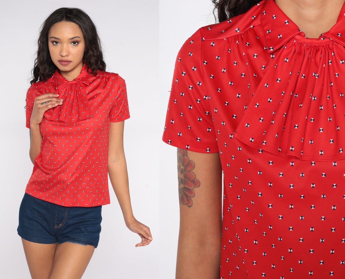 Red Ruffle Blouse 70s 80s Boho Top Ruffle Collar Shirt Square - Etsy