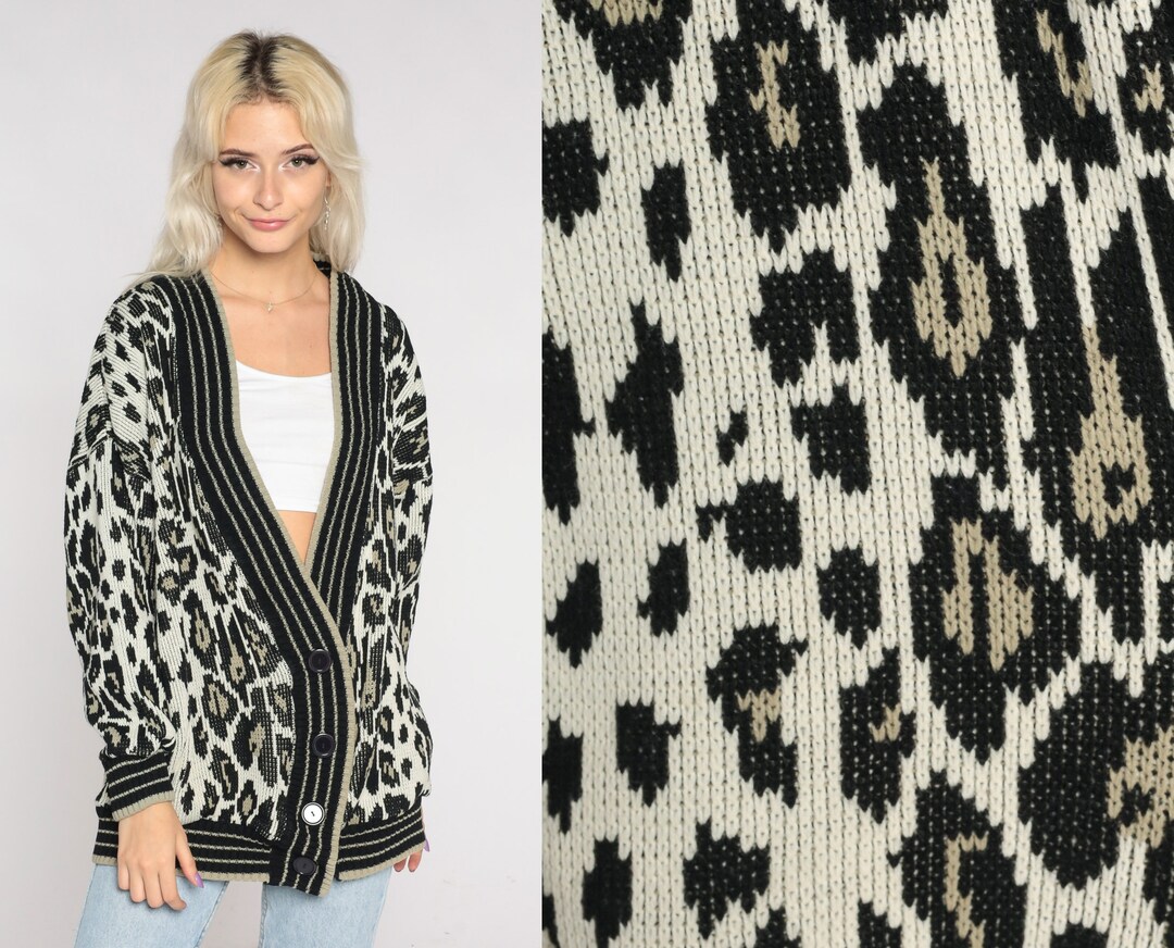 80s Leopard Cardigan Sweater Black Off-white Animal Printed Sweater ...