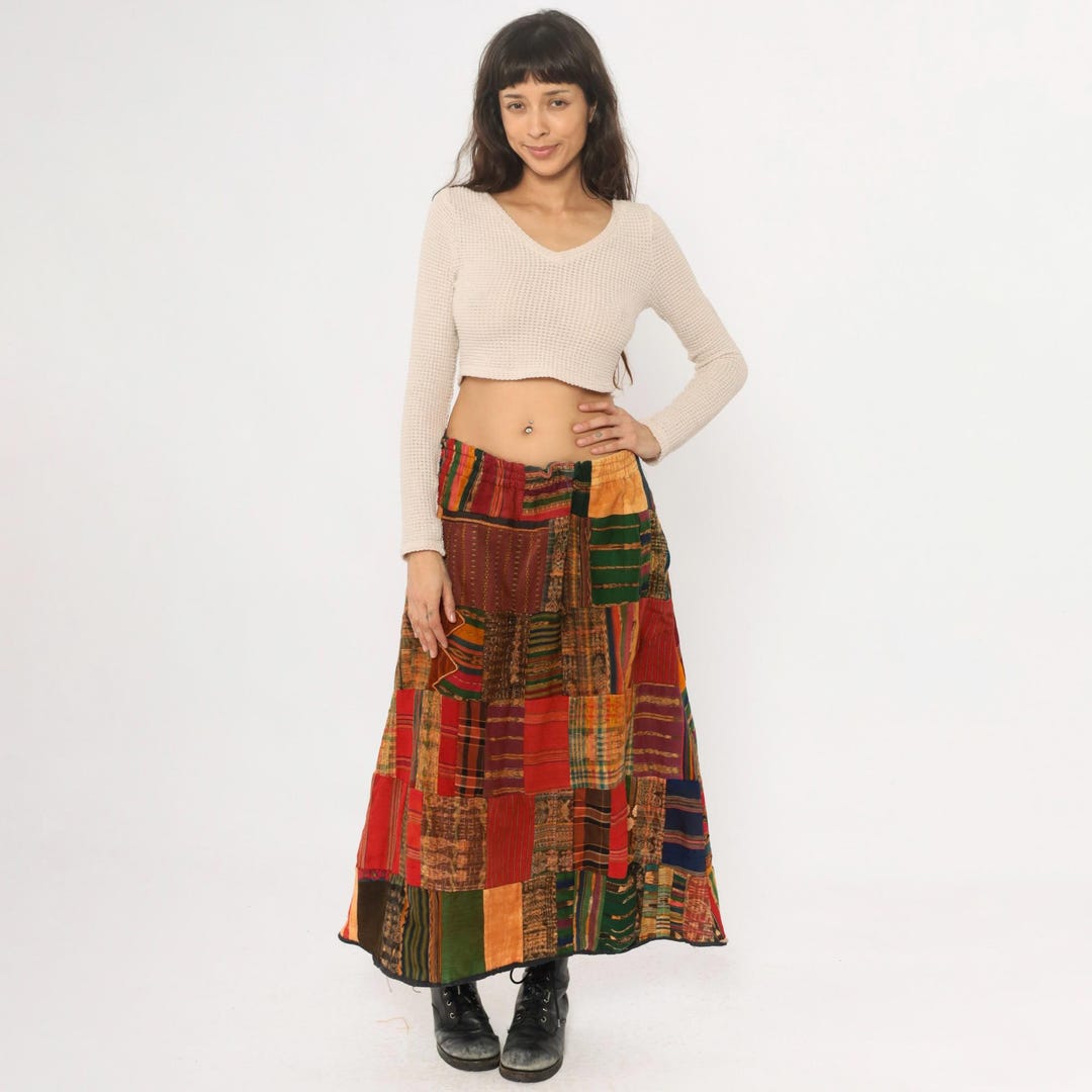 Bohemian Patchwork Skirt 90s Cotton Hippie Grunge Knee Length ...