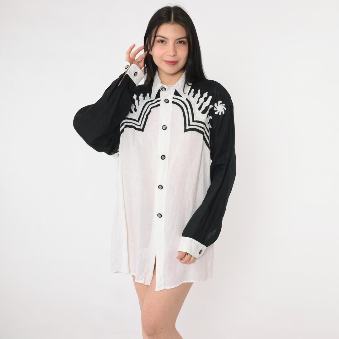 Vintage Byblos Shirt 90s Black White Linen Button up Crest Embroidered ...