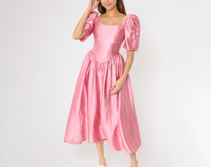 Vintage 80s Pink Prom Dress Metallic Taffeta Puff Sleeve Scoop Neckline ...