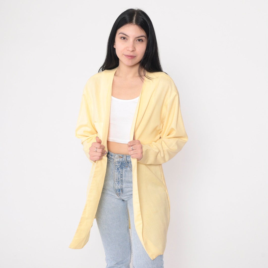 Pastel Yellow Jacket 90s Open Front Cardigan Longline Jacket Retro ...