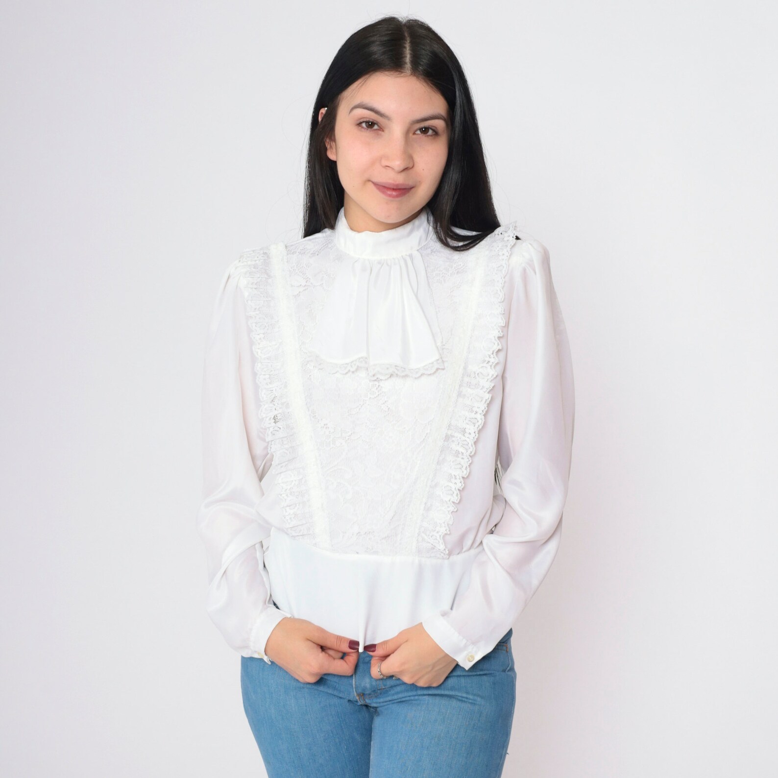 White Tuxedo Blouse 80s Jabot Blouse Boho Ruffled Lace Top Button Back ...