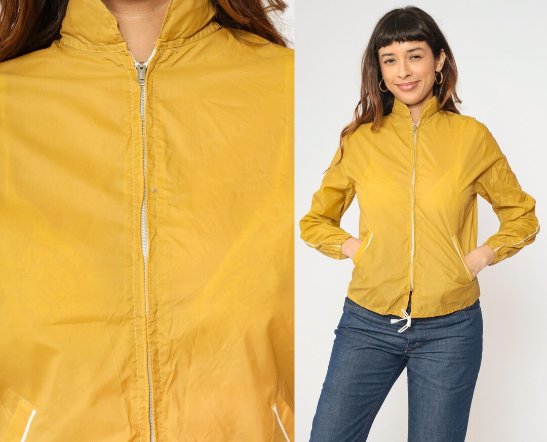 70s Mustard Windbreaker Jacket Retro Plain Thin Zip up Boho Jacket ...