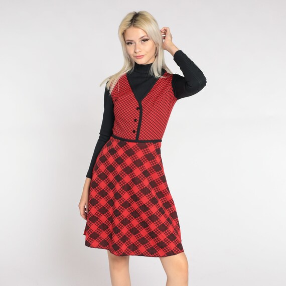 70s Mini Dress Red Checkered Mod Dress Black Layered … - Gem