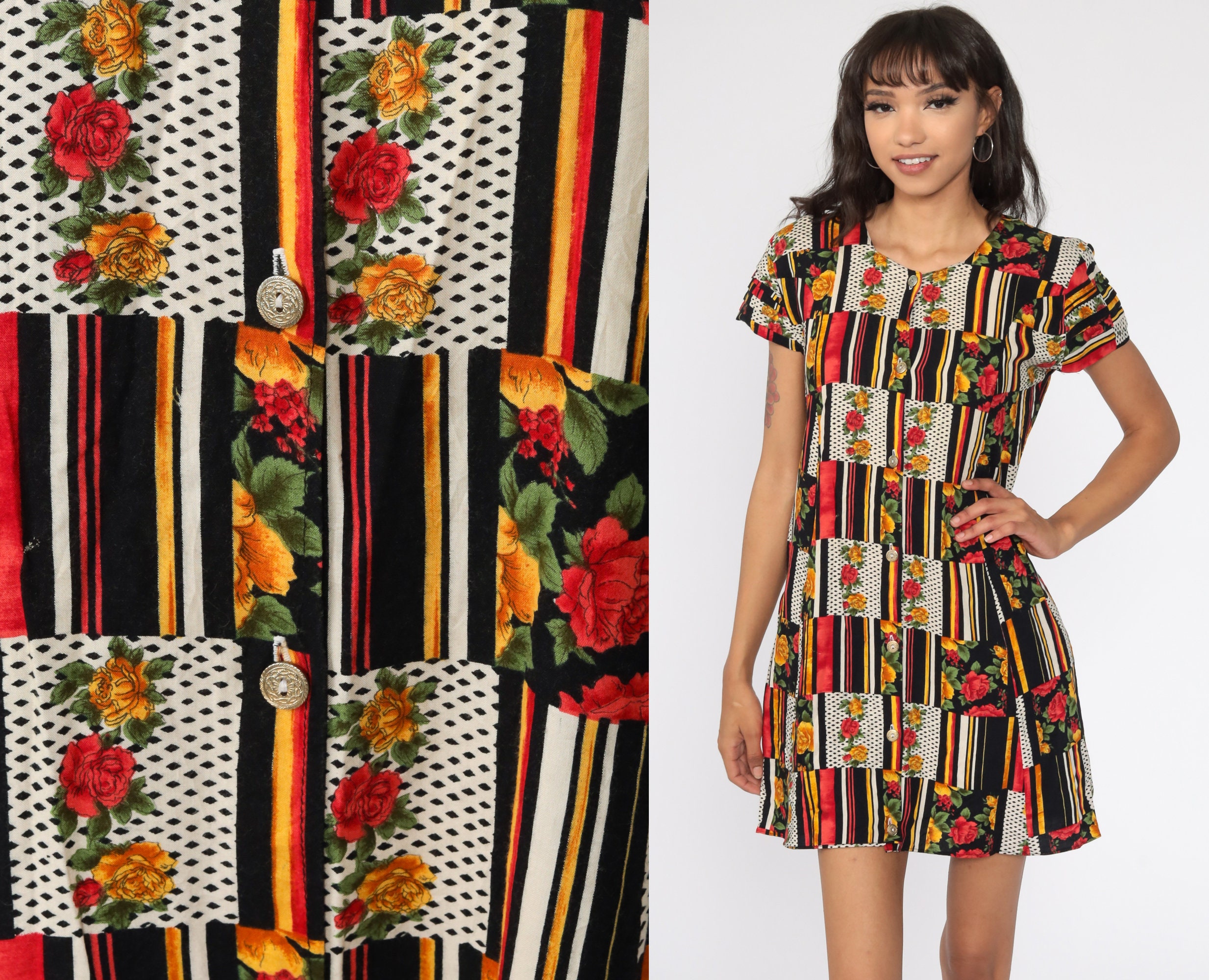 Vintage Short-Sleeve Flowered Nineties 90s Dress Clothing Women's ...