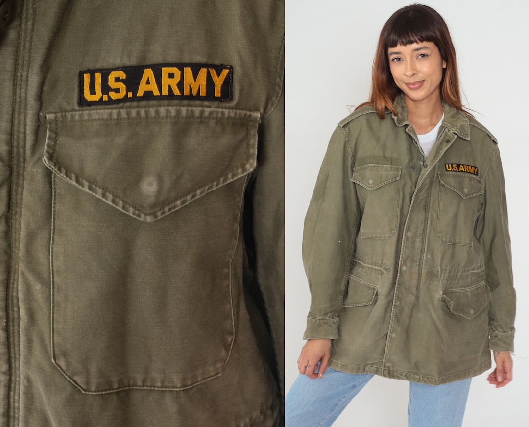 US Army Jacket 80s Green Military Coat Red Diamond Patch Commando Cargo ...