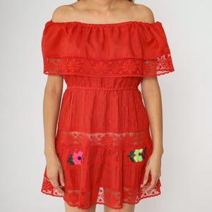 Off Shoulder Mexican Dress Red Micro Mini Boho Embroidered Lace Peasant ...