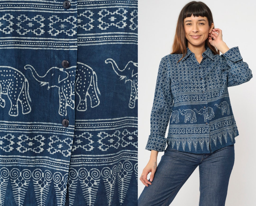 Y2K Elephant Print Batik Shirt Blue Thai Long Sleeve Blouse Vintage ...