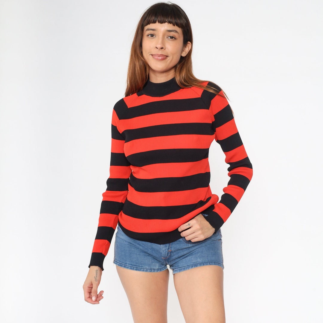 Red Striped Sweater 70s Mock Neck Sweater Black Knit Pullover Sweater ...