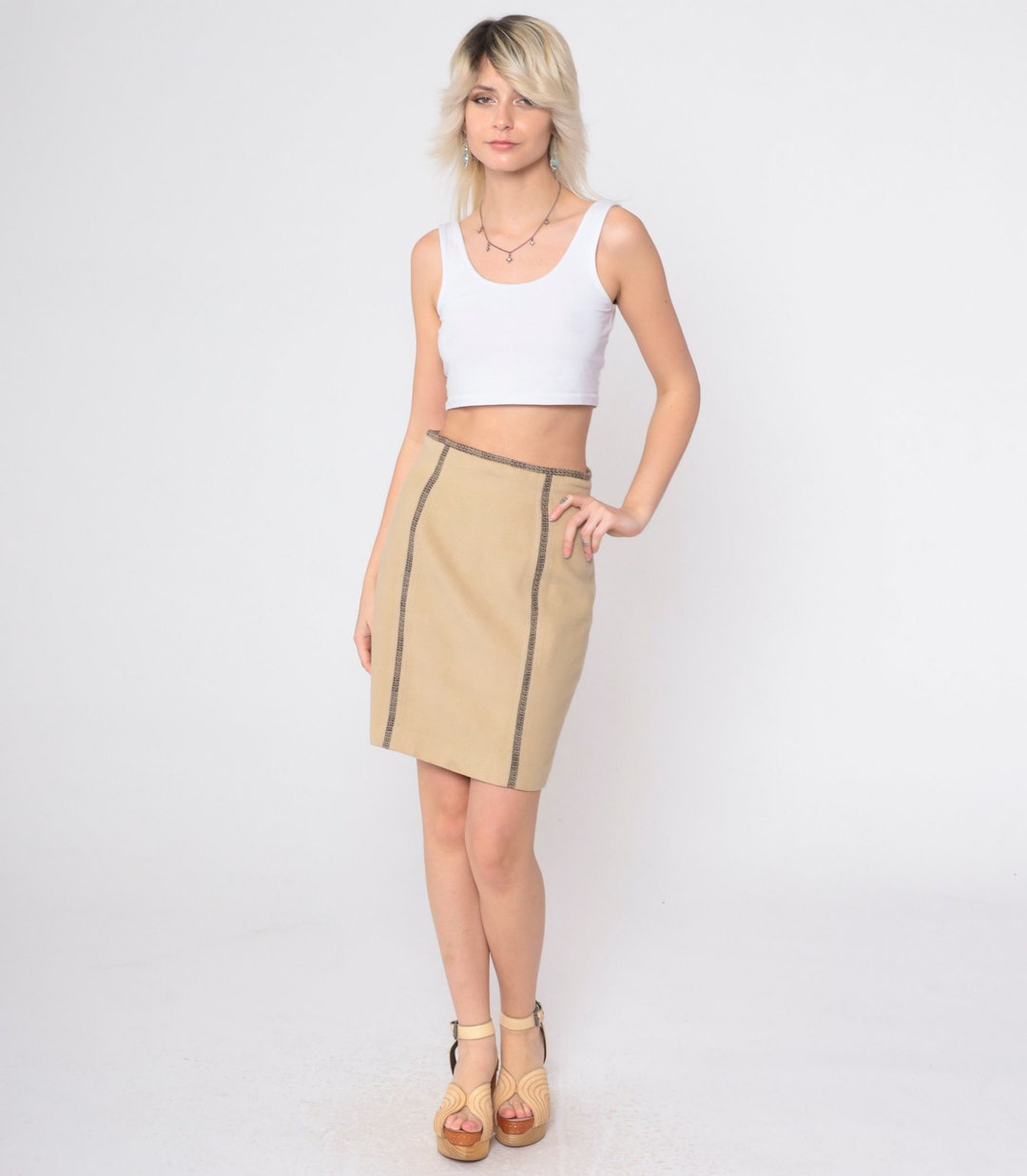 Tan Pencil Skirt 90s Mini Skirt Wool Blend Retro Plain Simple High ...