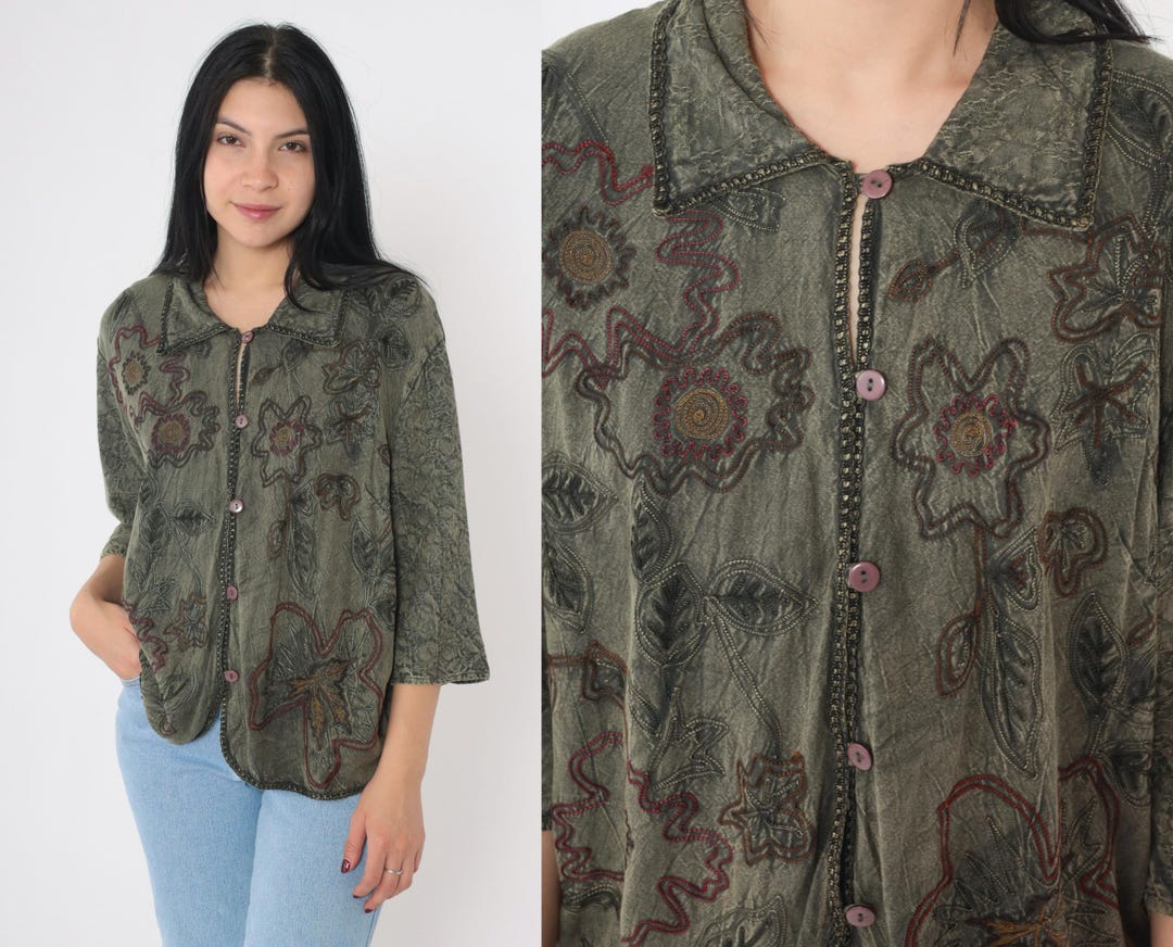90s Floral Embroidered Top Olive Green Bohemian Blouse Grunge Casual ...