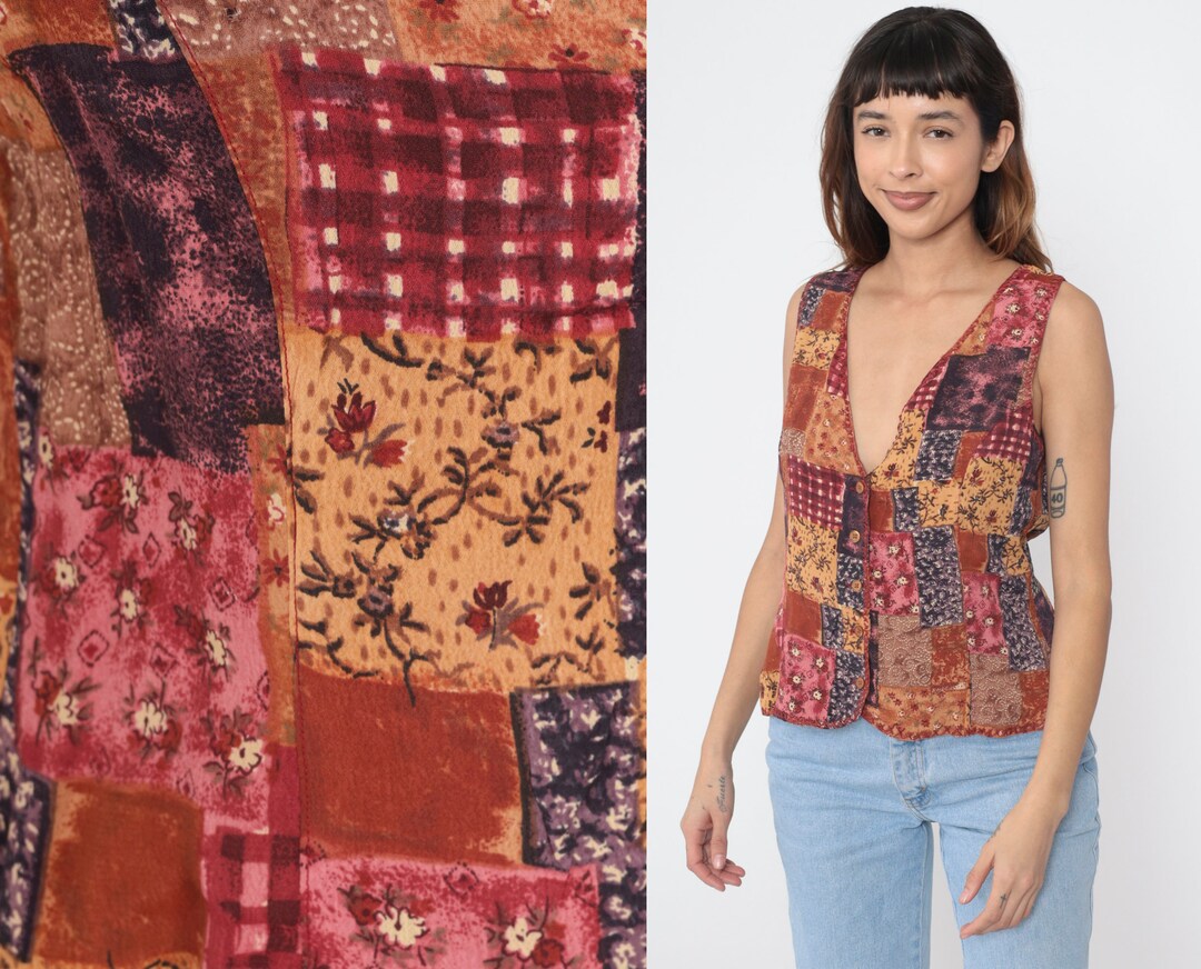 Patchwork Vest 90s Floral Vest Red Rayon Checkered V Neck Burnt Orange ...