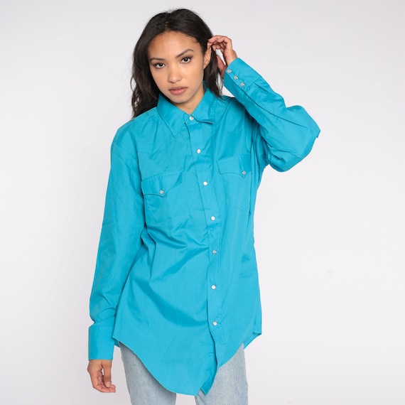 Blue Pearl Snap Shirt 90s Turquoise Button Up Western… - Gem