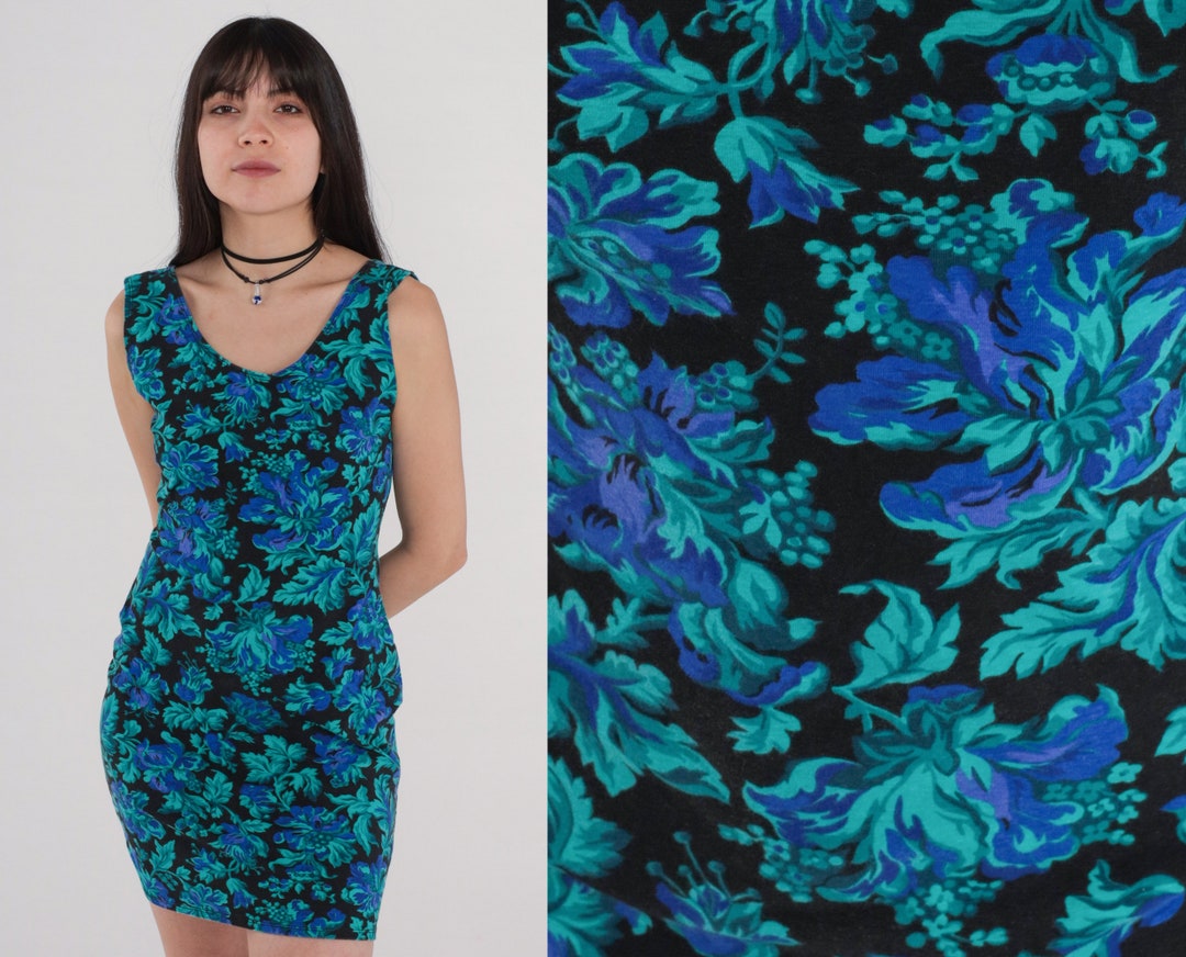Floral Bodycon Dress 90s Mini Sheath Dress Black Green Blue Scoop Back ...