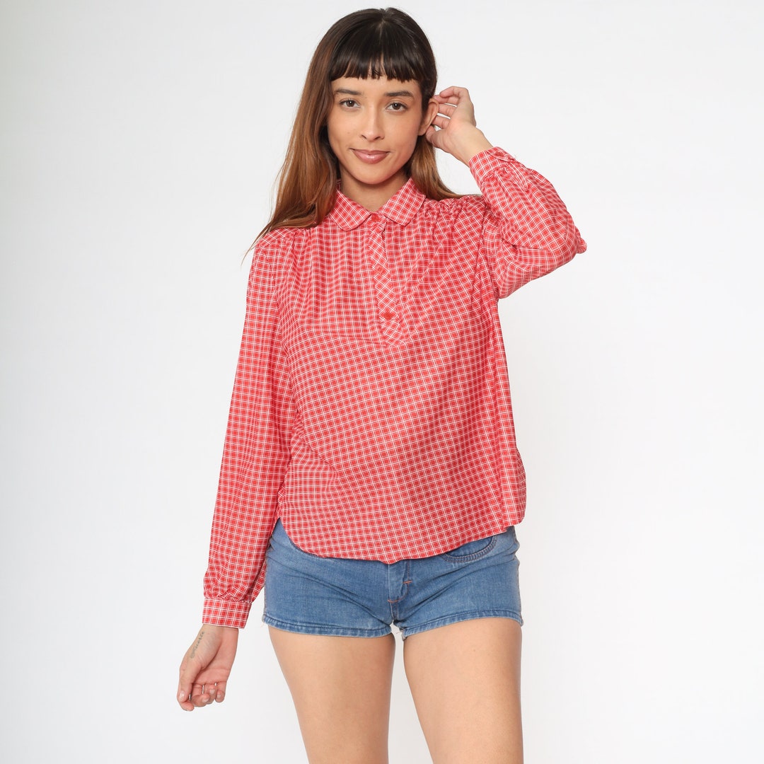 70s Checkered Blouse Red White Top Retro Plaid Collared Long Sleeve ...